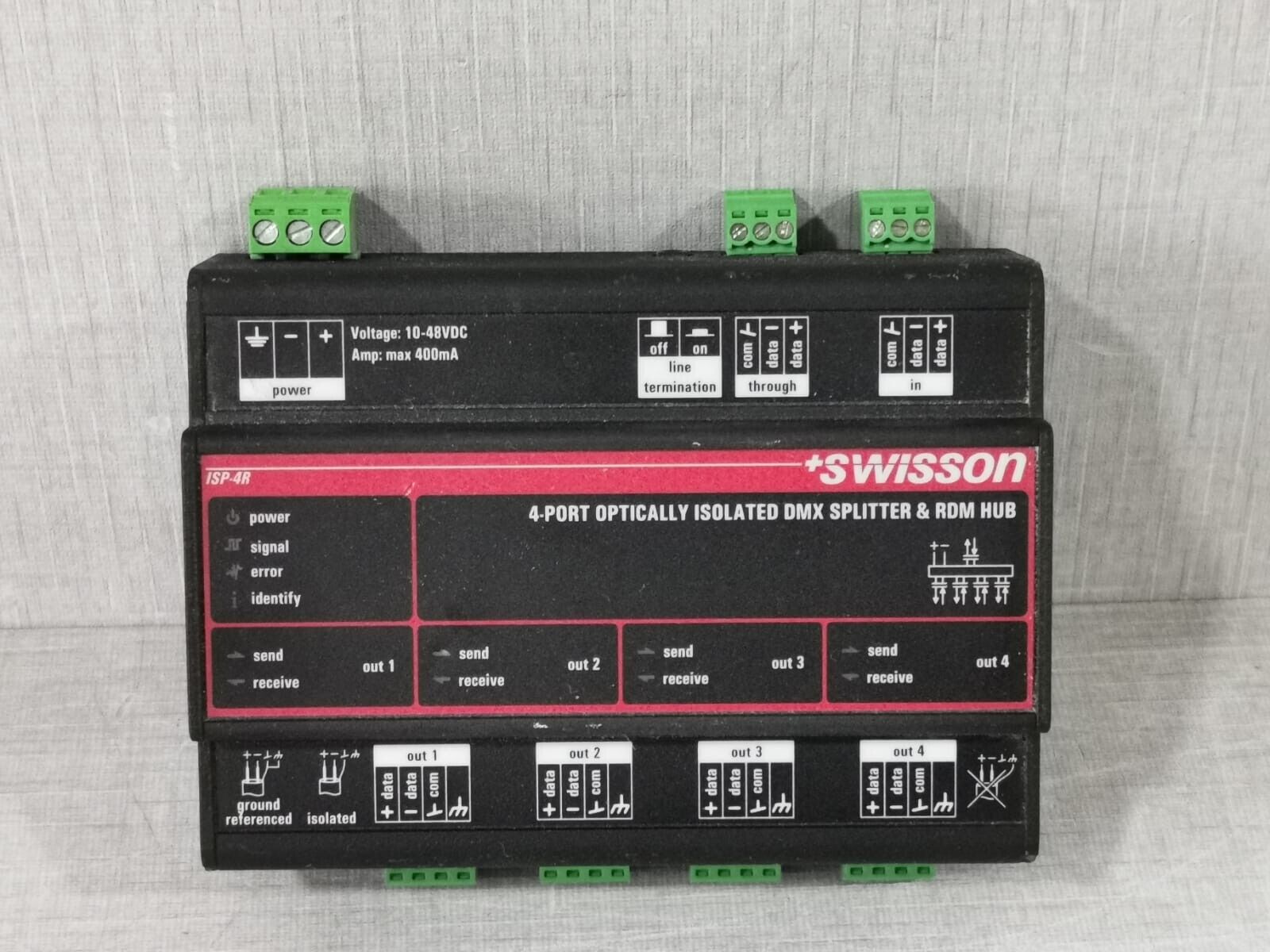 USED SWISSON ISP-4R-DC-TERM 4-PORT OPTICALLY ISOLATED DMX SPLITTER & RDM HUB - Orbit Surplus